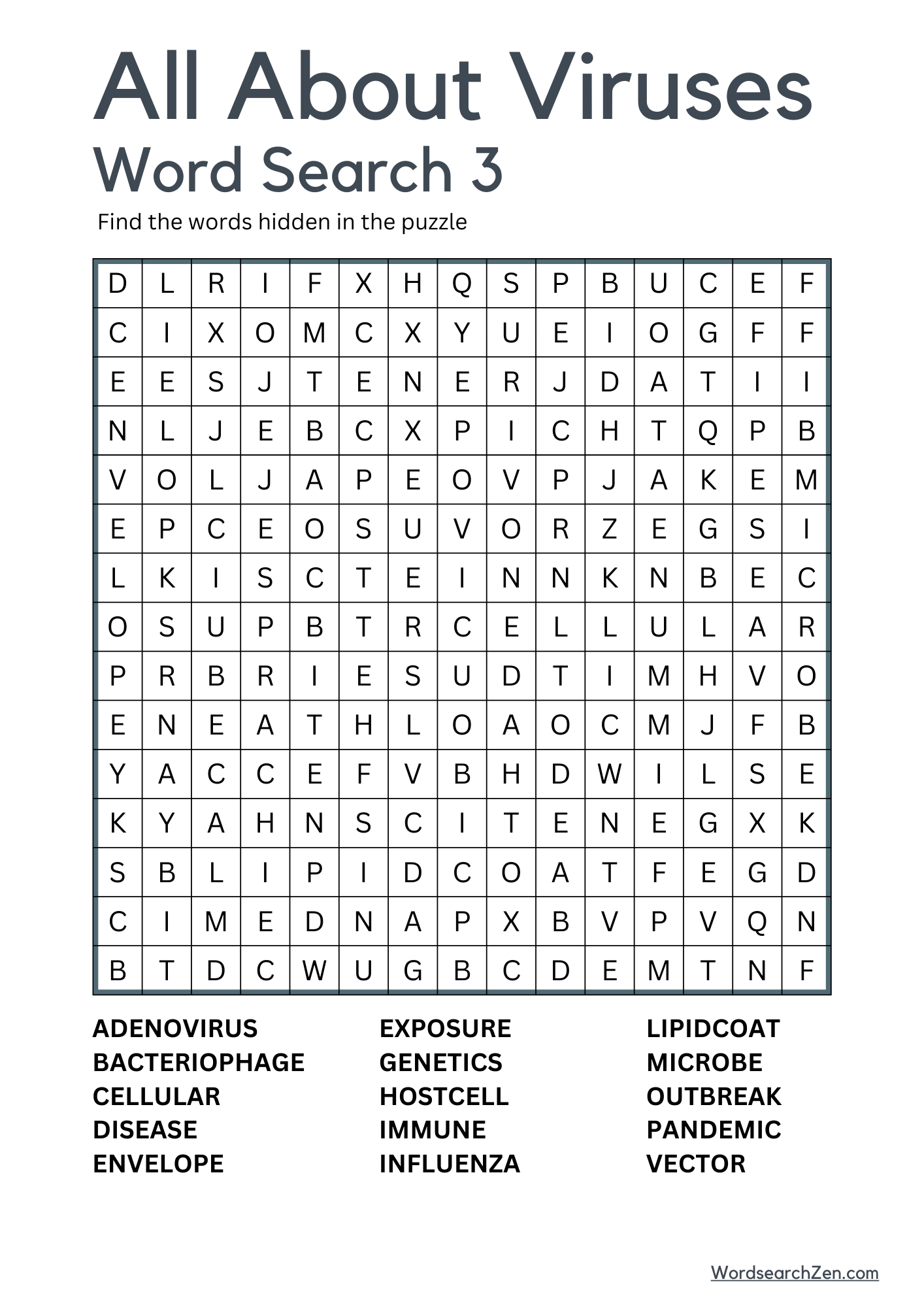 All About Viruses Word Search Free Printable PDF File - WordsearchZen.com