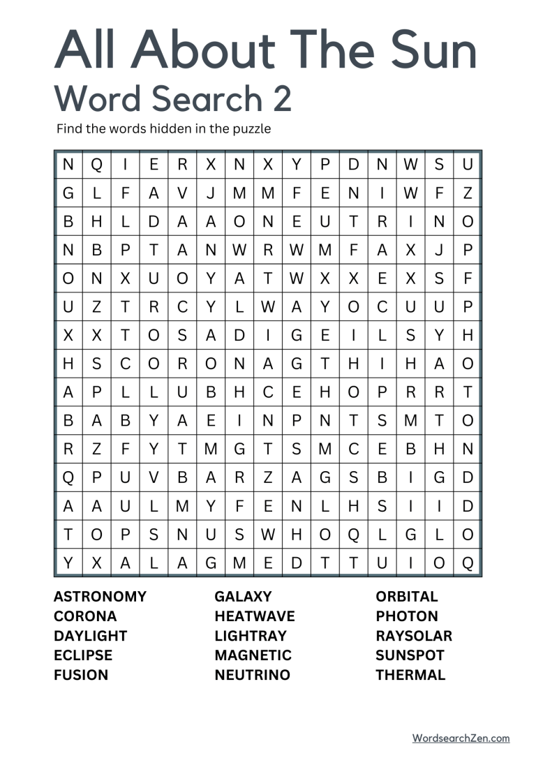 All About the Sun Word Search Free Printable PDF File - WordsearchZen.com