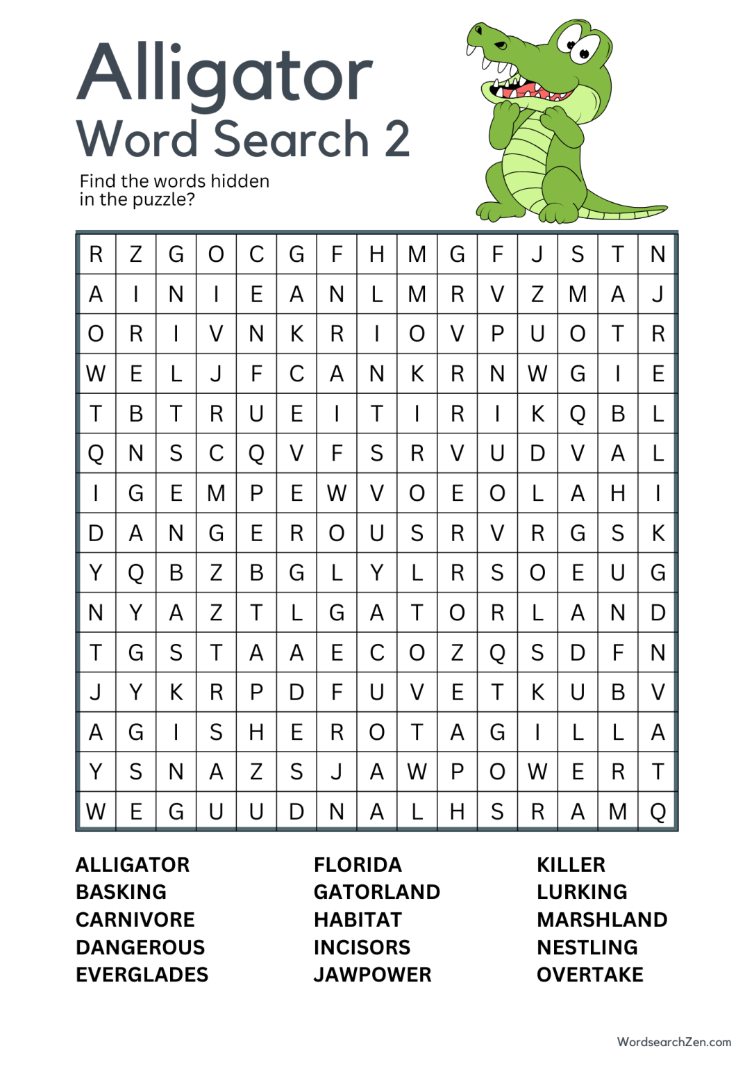 Alligator Word Search Free Printable PDF File - WordsearchZen.com