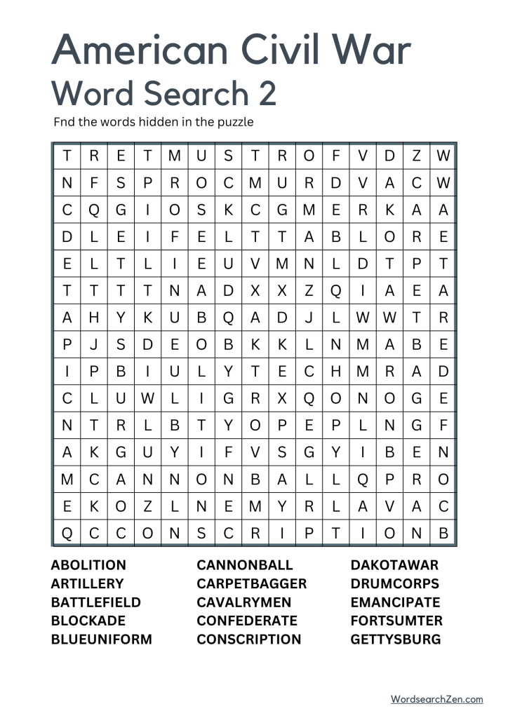 American Civil War Word Search Free Printable PDF File - WordsearchZen.com
