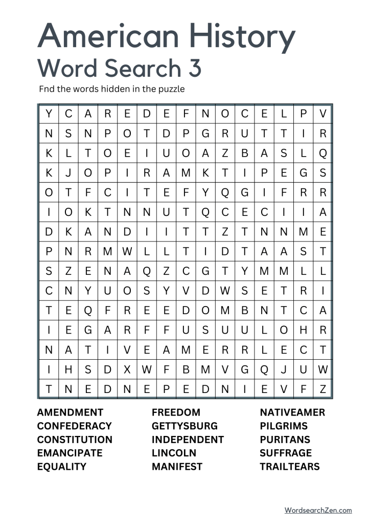 American History Word Search Free Printable PDF File - WordsearchZen.com