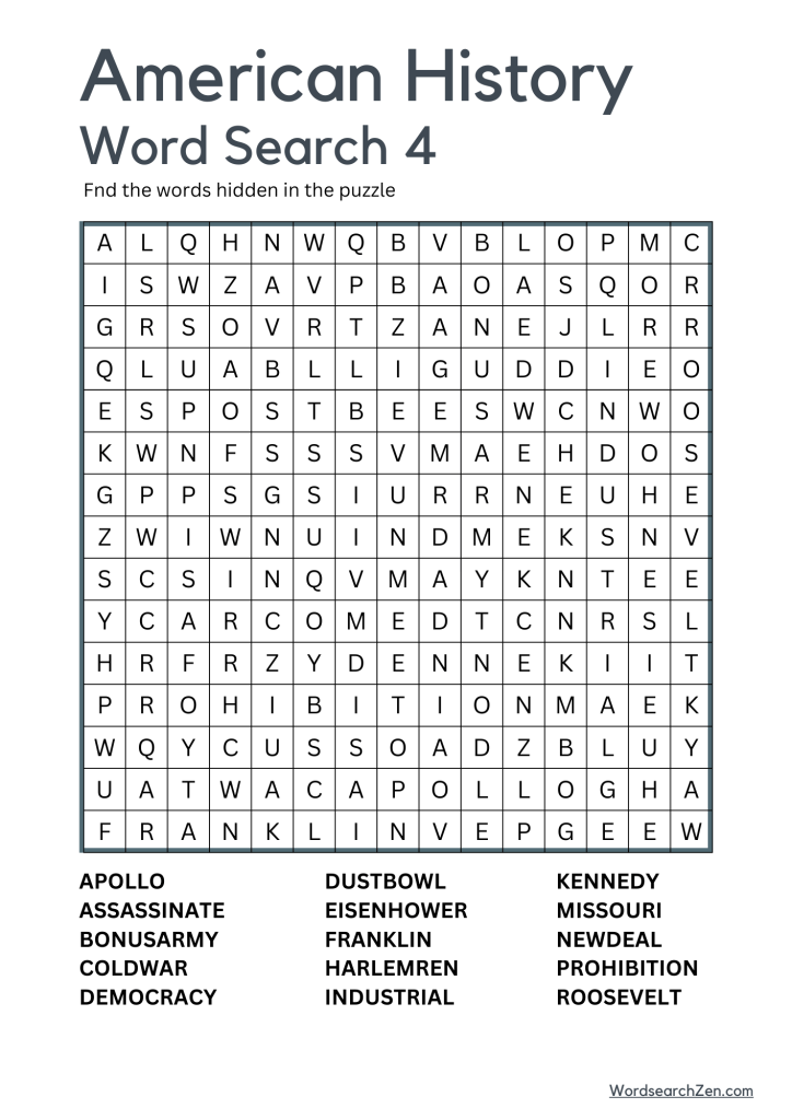 American History Word Search Free Printable PDF File - WordsearchZen.com
