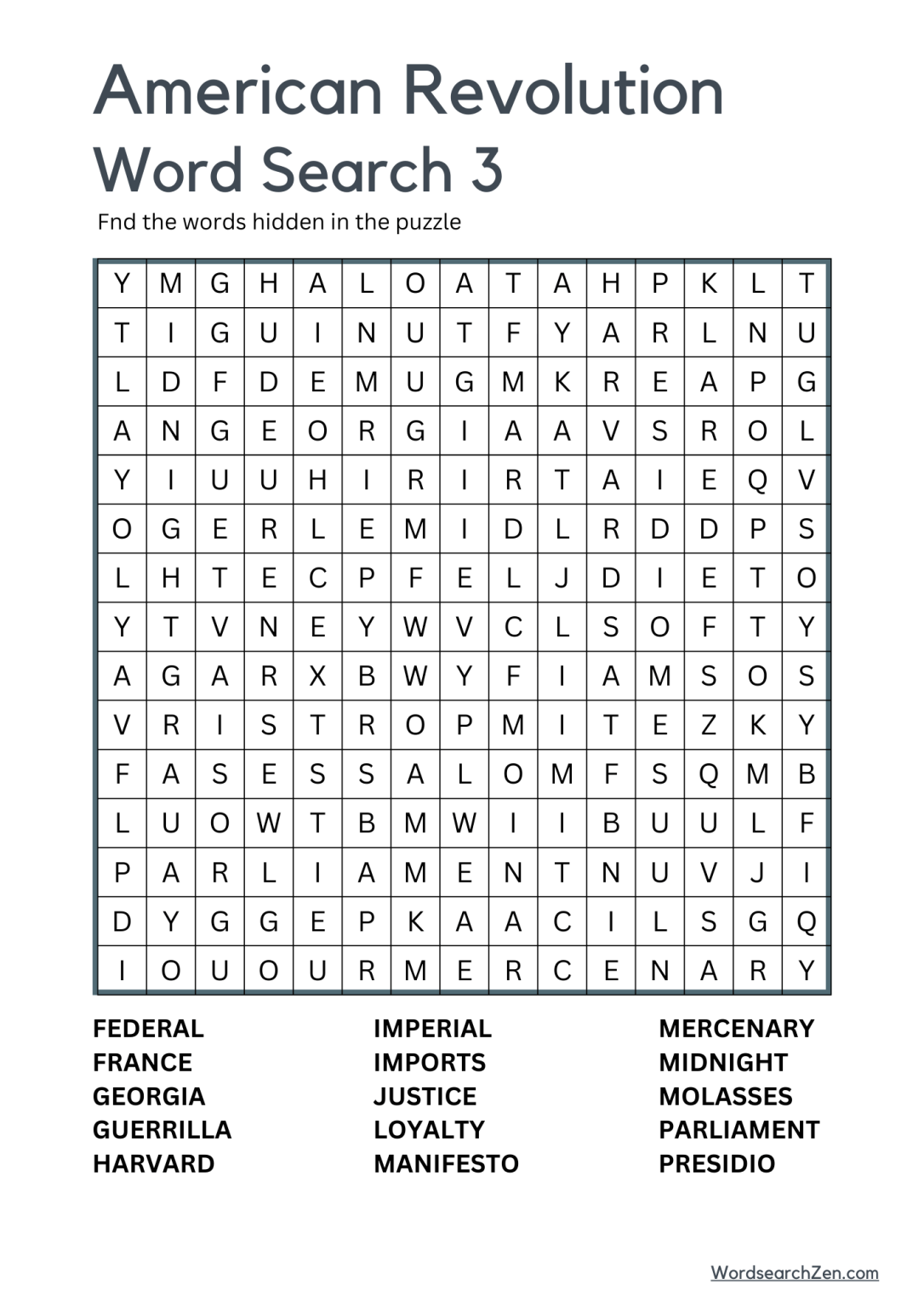American Revolution Word Search Free Printable PDF File - WordsearchZen.com