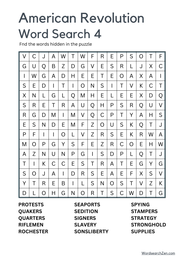 American Revolution Word Search Free Printable PDF File - WordsearchZen.com