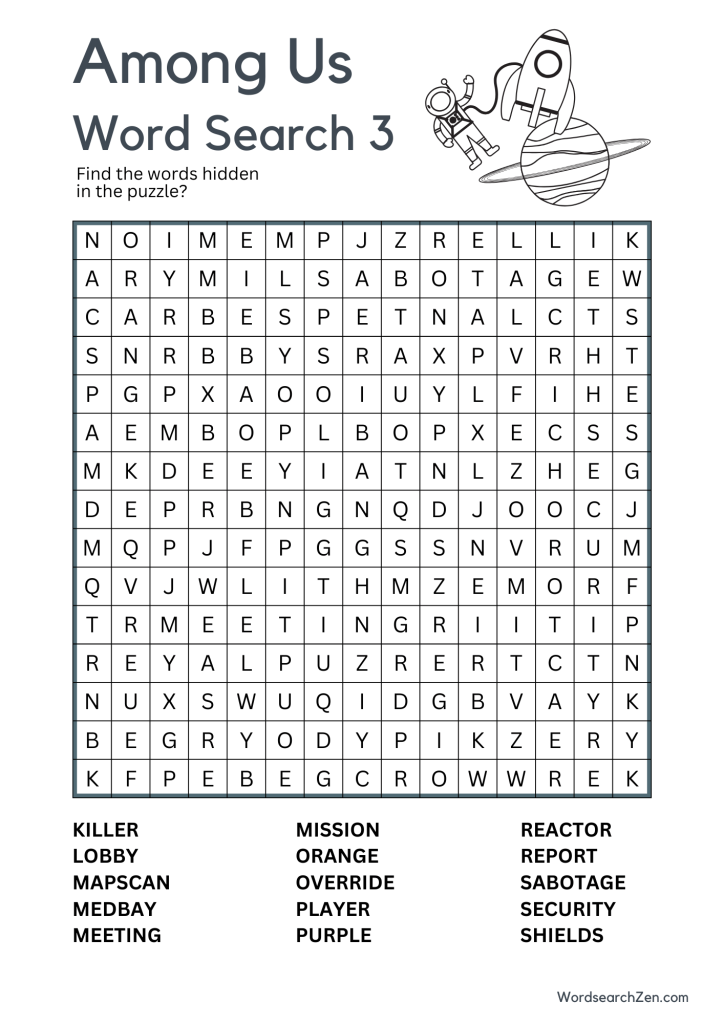 Among Us Word Search Free Printable PDF File - WordsearchZen.com