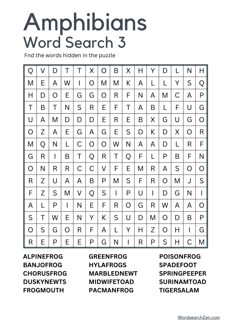 Amphibians Word Search Free Printable PDF File - WordsearchZen.com