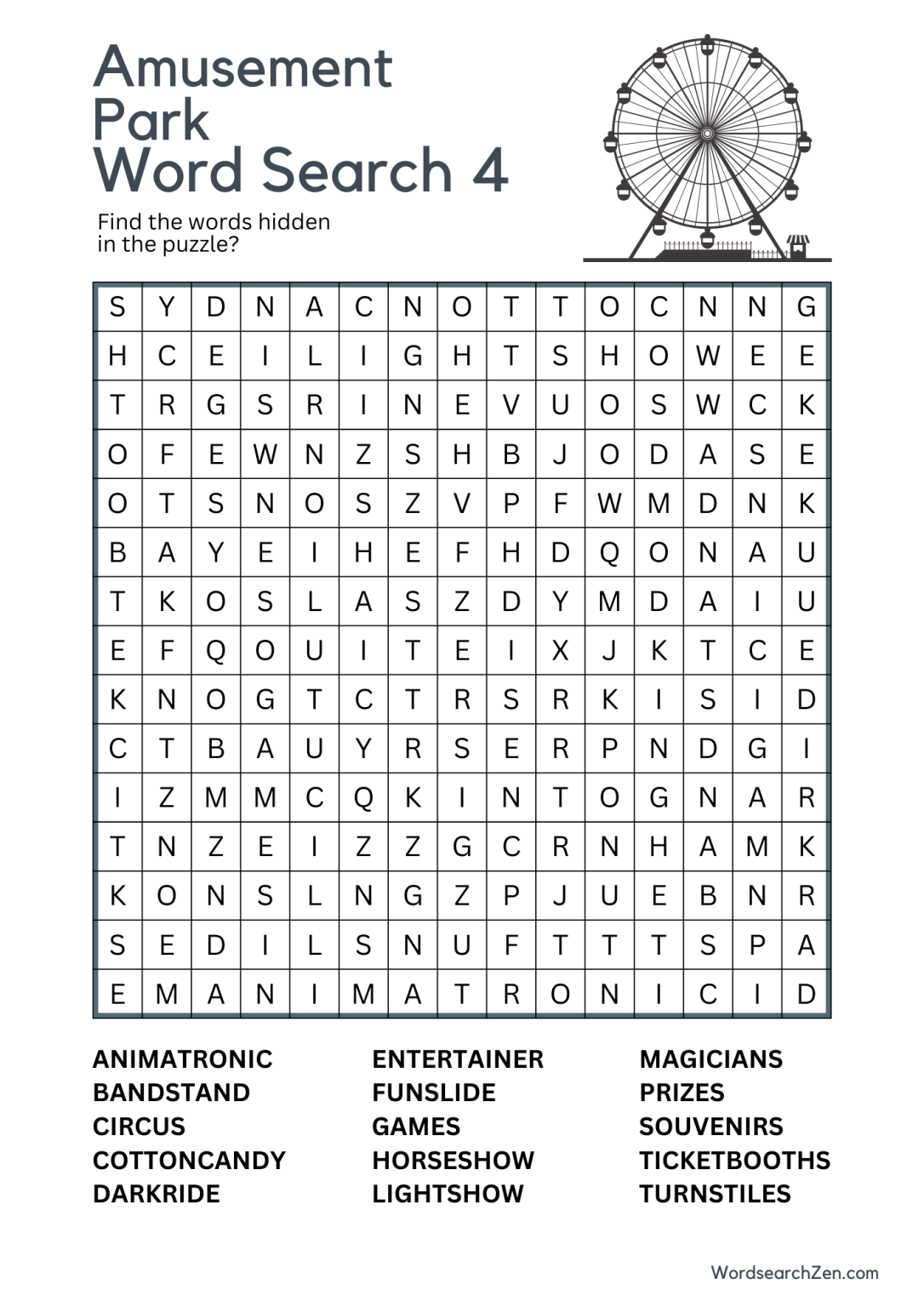 Amusement Park Word Search Free Printable PDF File - WordsearchZen.com