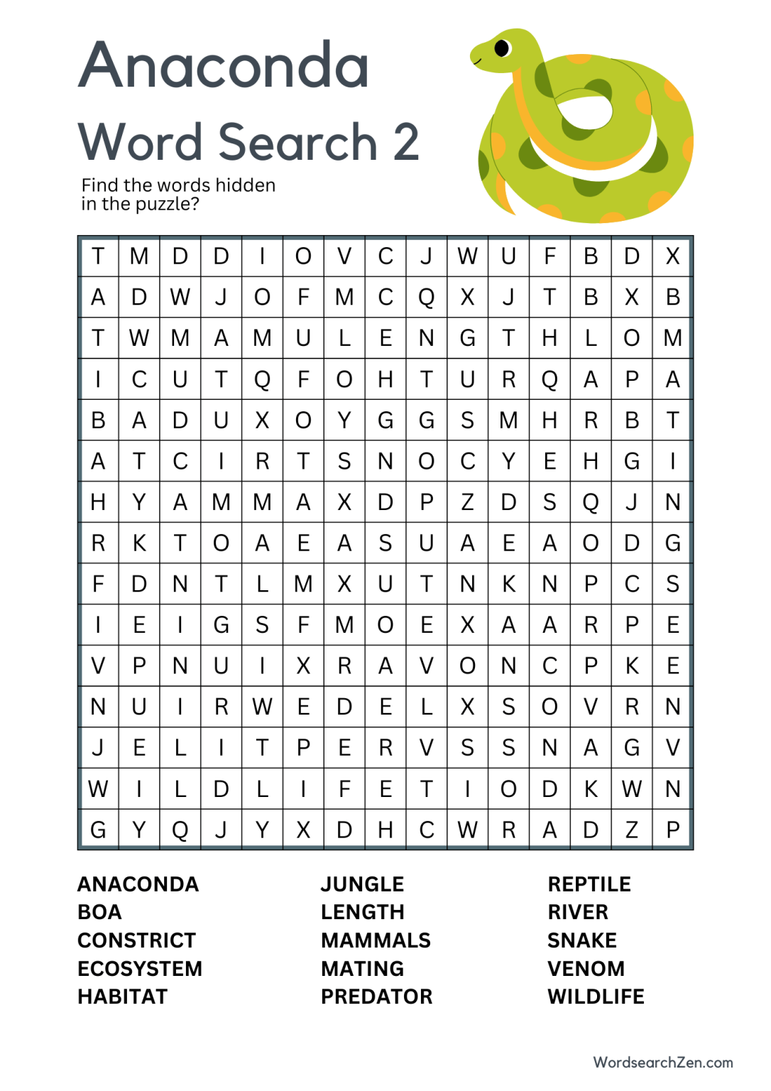 Anaconda Word Search Free Printable PDF File - WordsearchZen.com