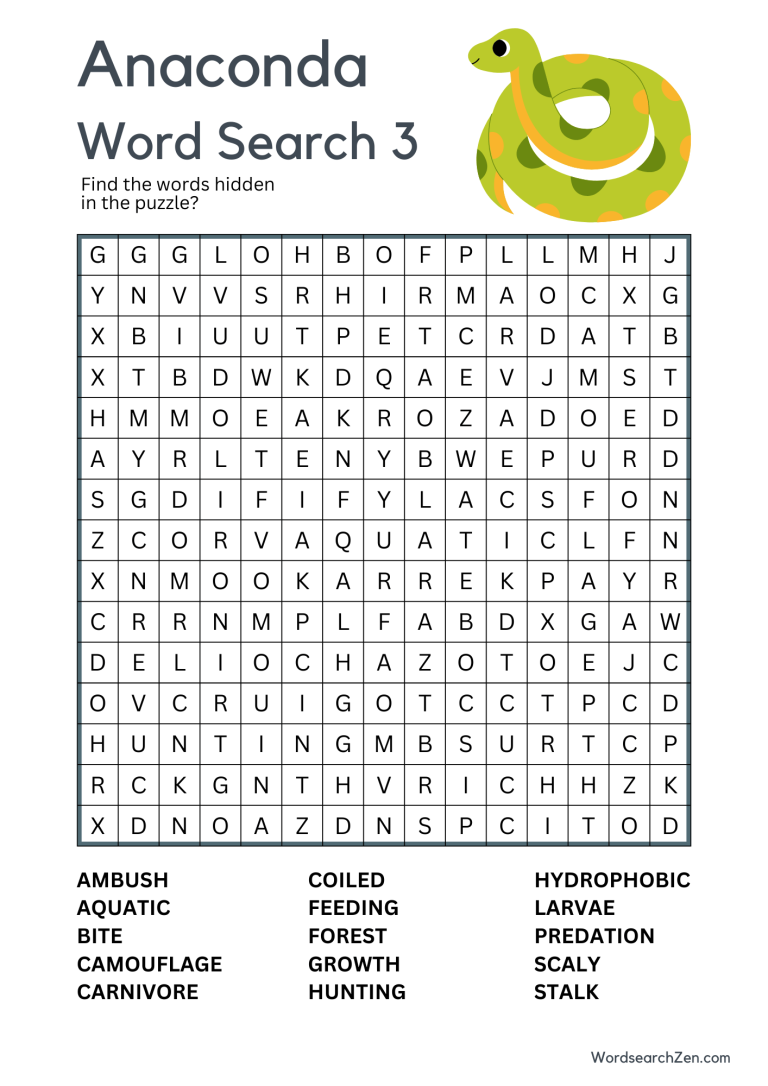Anaconda Word Search Free Printable PDF File - WordsearchZen.com