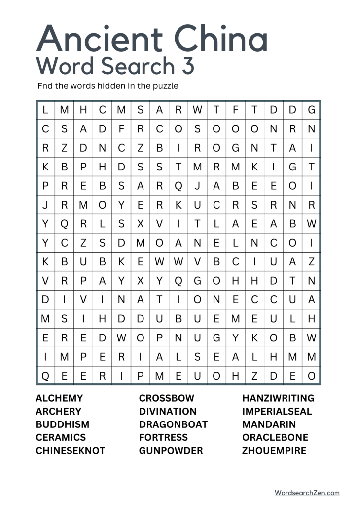 Ancient China Word Search Free Printable PDF File - WordsearchZen.com