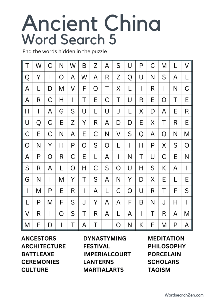 Ancient China Word Search Free Printable PDF File - WordsearchZen.com