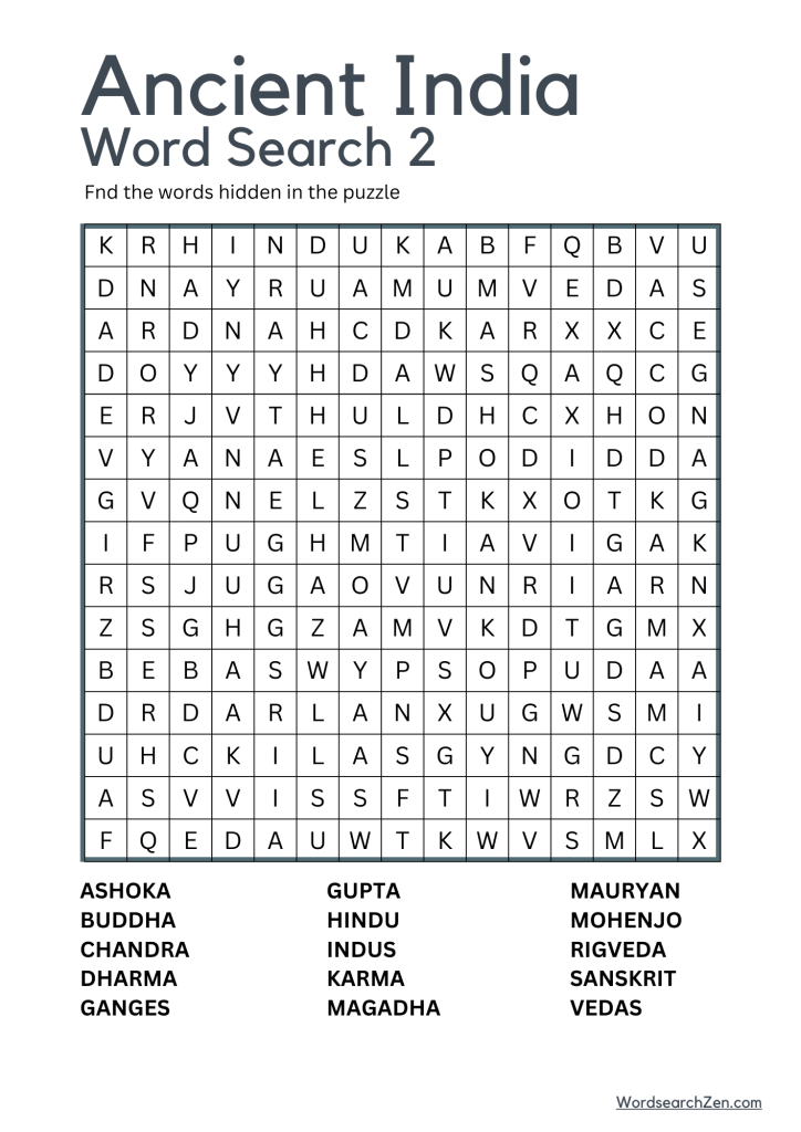 Ancient India Word Search Free Printable PDF File - WordsearchZen.com