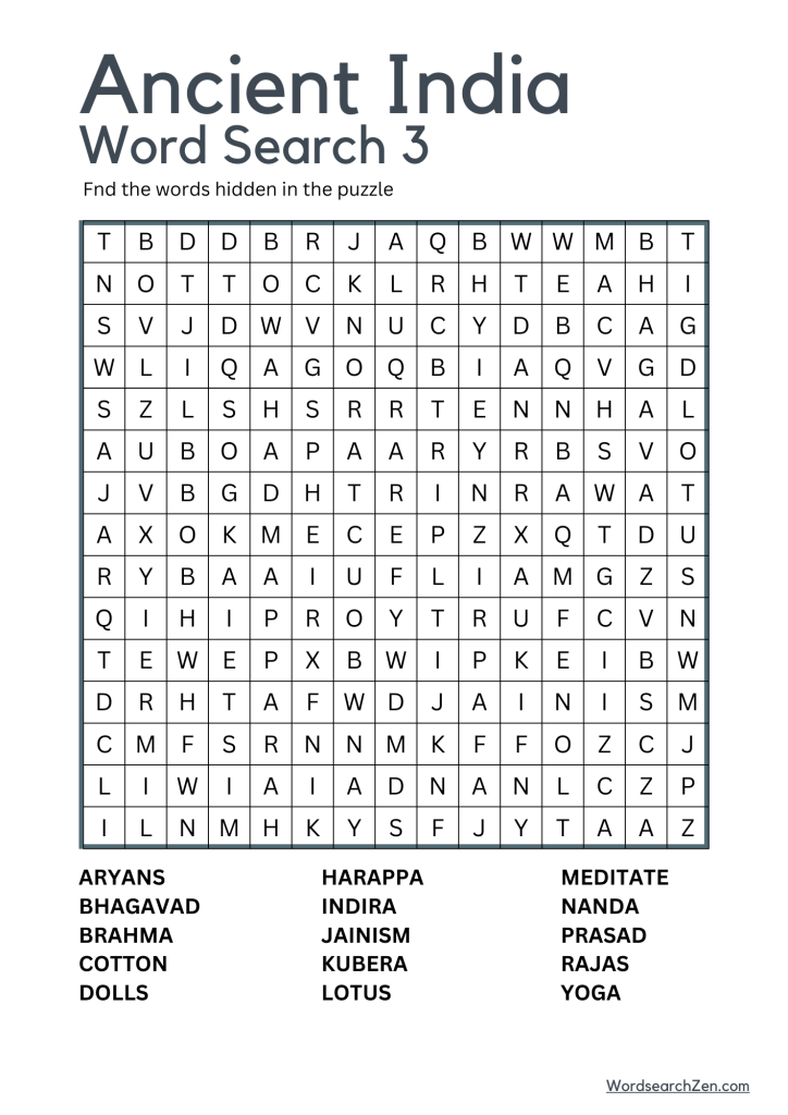 Ancient India Word Search Free Printable PDF File - WordsearchZen.com