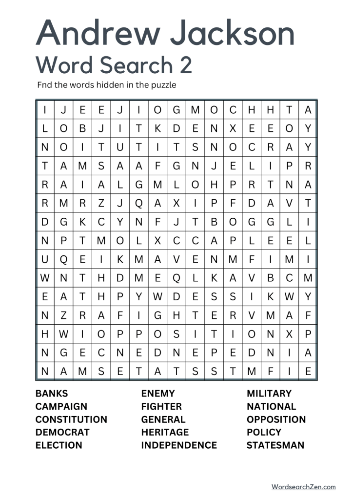 Andrew Jackson Word Search Free Printable PDF File - WordsearchZen.com