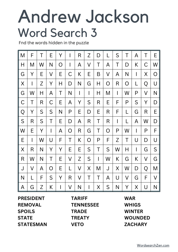 Andrew Jackson Word Search Free Printable PDF File - WordsearchZen.com
