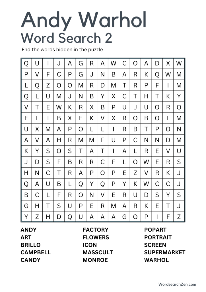 Andy Warhol Word Search Free Printable PDF File - WordsearchZen.com