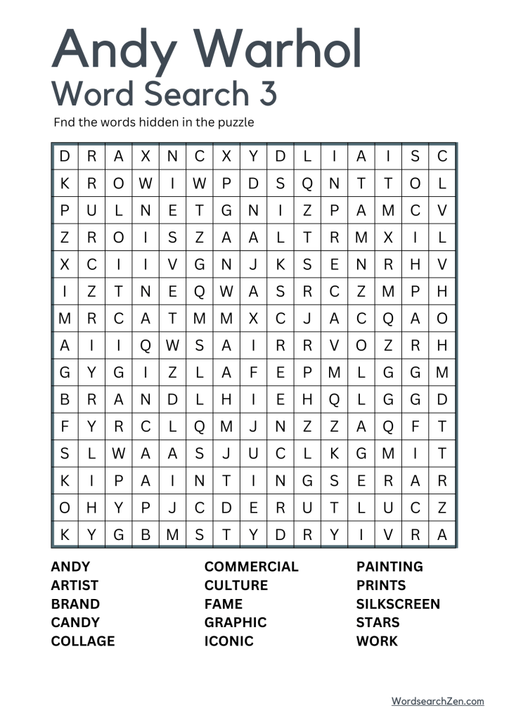 Andy Warhol Word Search Free Printable PDF File - WordsearchZen.com