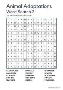 Animal Adaptations Word Search Free Printable PDF File - WordsearchZen.com
