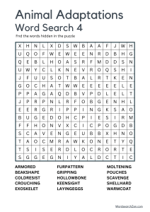 Animal Adaptations Word Search Free Printable PDF File - WordsearchZen.com