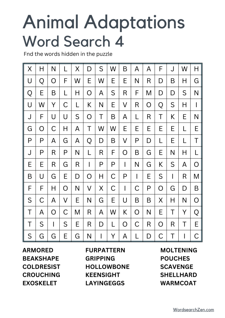 Animal Adaptations Word Search Free Printable PDF File - WordsearchZen.com
