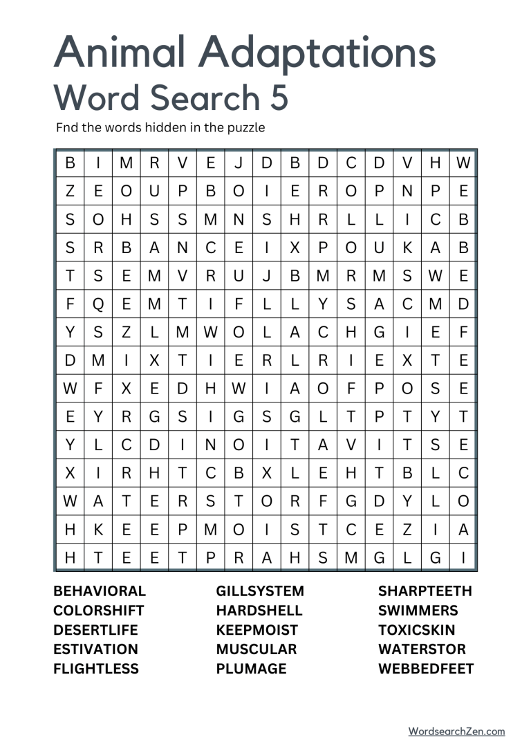 Animal Adaptations Word Search Free Printable PDF File - WordsearchZen.com