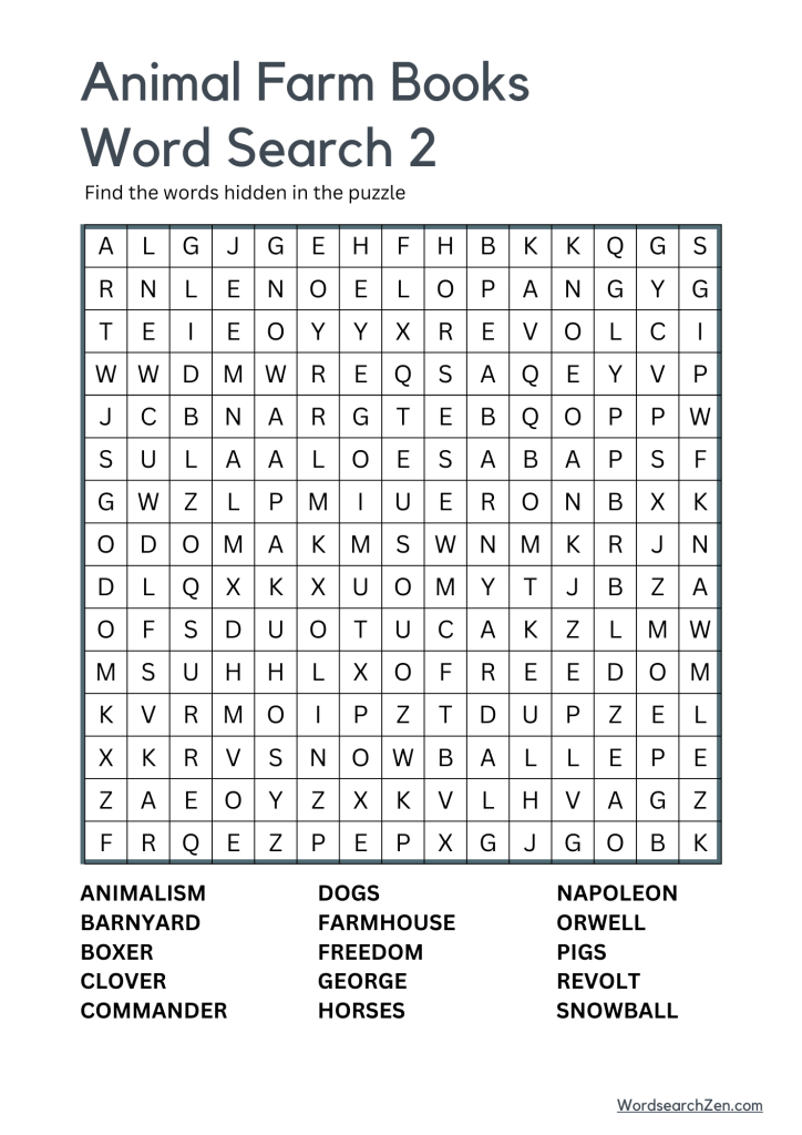 Animal Farm Books Word Search Free Printable PDF File - WordsearchZen.com