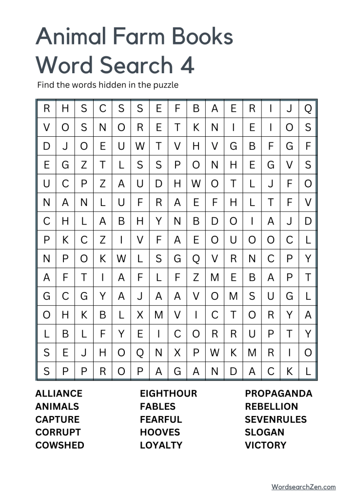 Animal Farm Books Word Search Free Printable PDF File - WordsearchZen.com