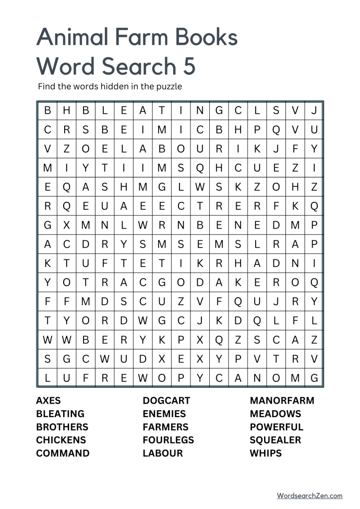 Animal Farm Books Word Search Free Printable PDF File - WordsearchZen.com