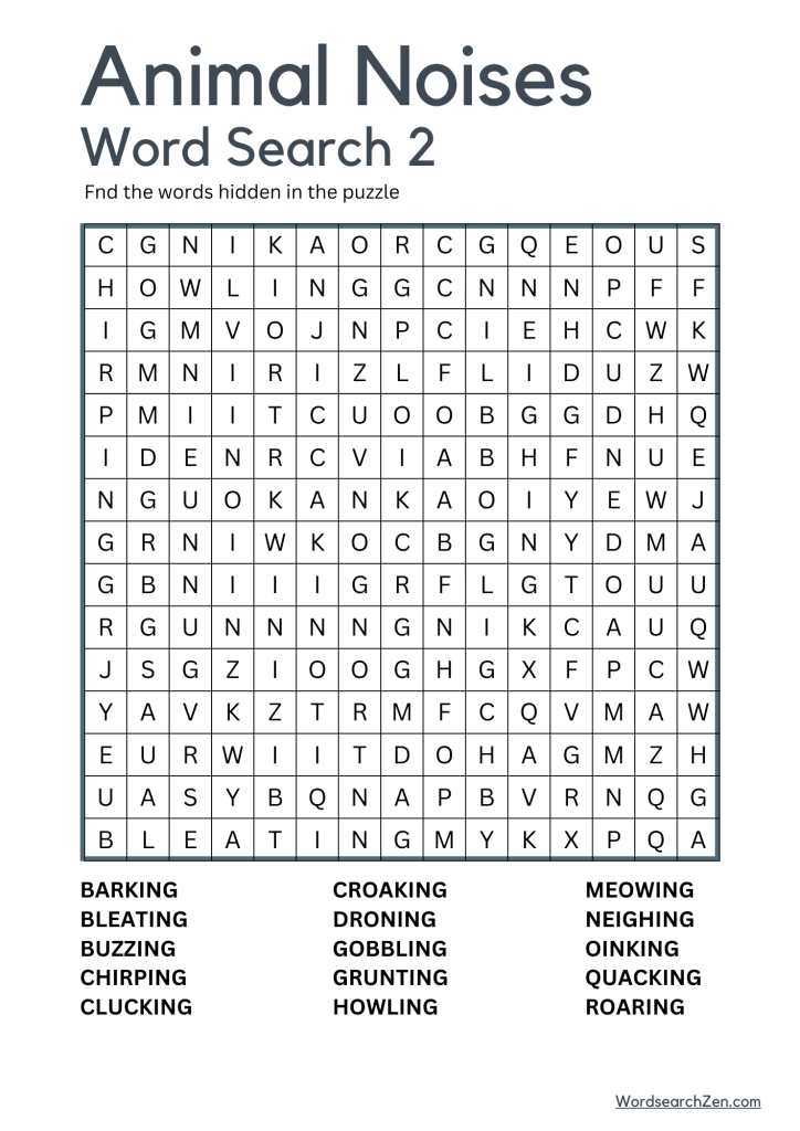 Animal Noises Word Search Free Printable PDF File - WordsearchZen.com