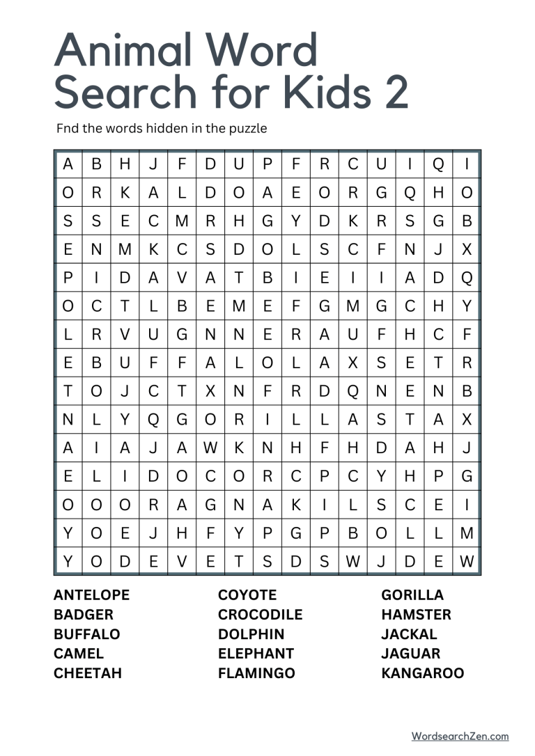 Animal Word Search for Kids Free Printable PDF File - WordsearchZen.com