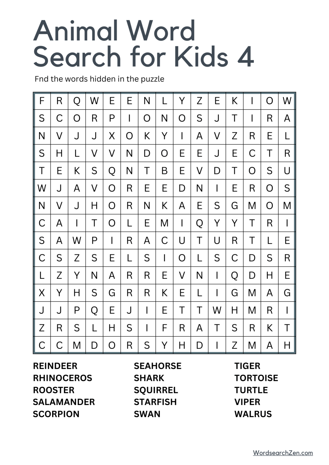 Animal Word Search for Kids Free Printable PDF File - WordsearchZen.com