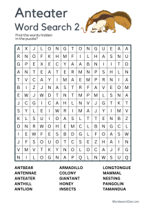 Anteater Word Search Free Printable PDF File - WordsearchZen.com