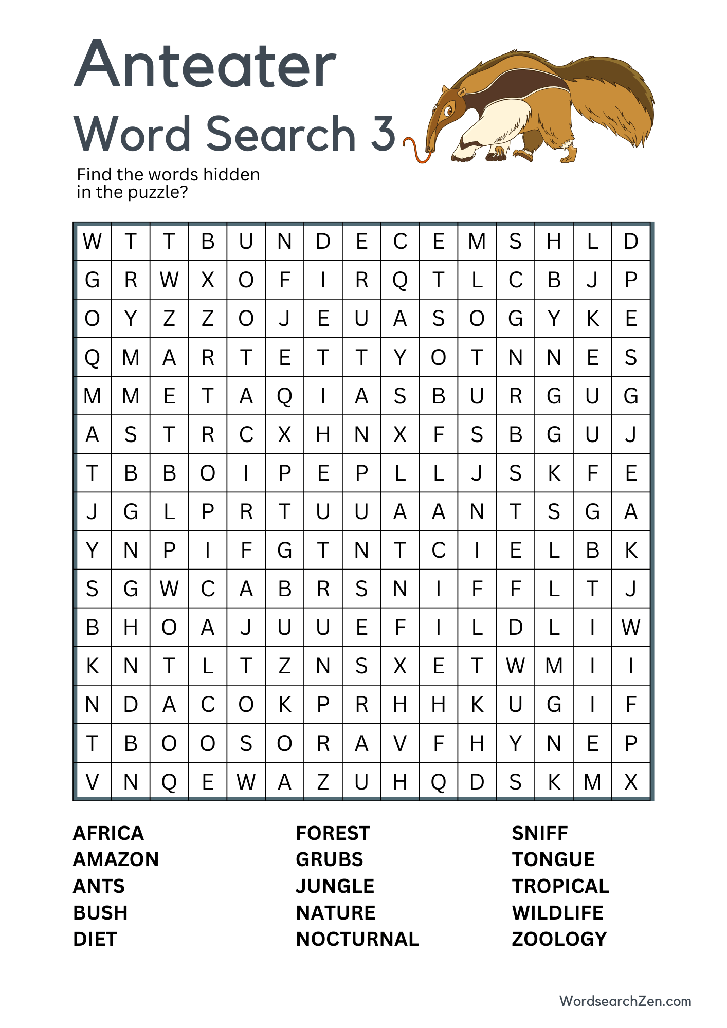 Anteater Word Search Free Printable PDF File - WordsearchZen.com