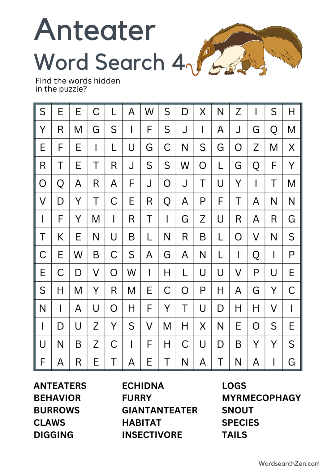 Anteater Word Search Free Printable PDF File - WordsearchZen.com