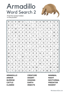 Armadillo Word Search Free Printable PDF File - WordsearchZen.com