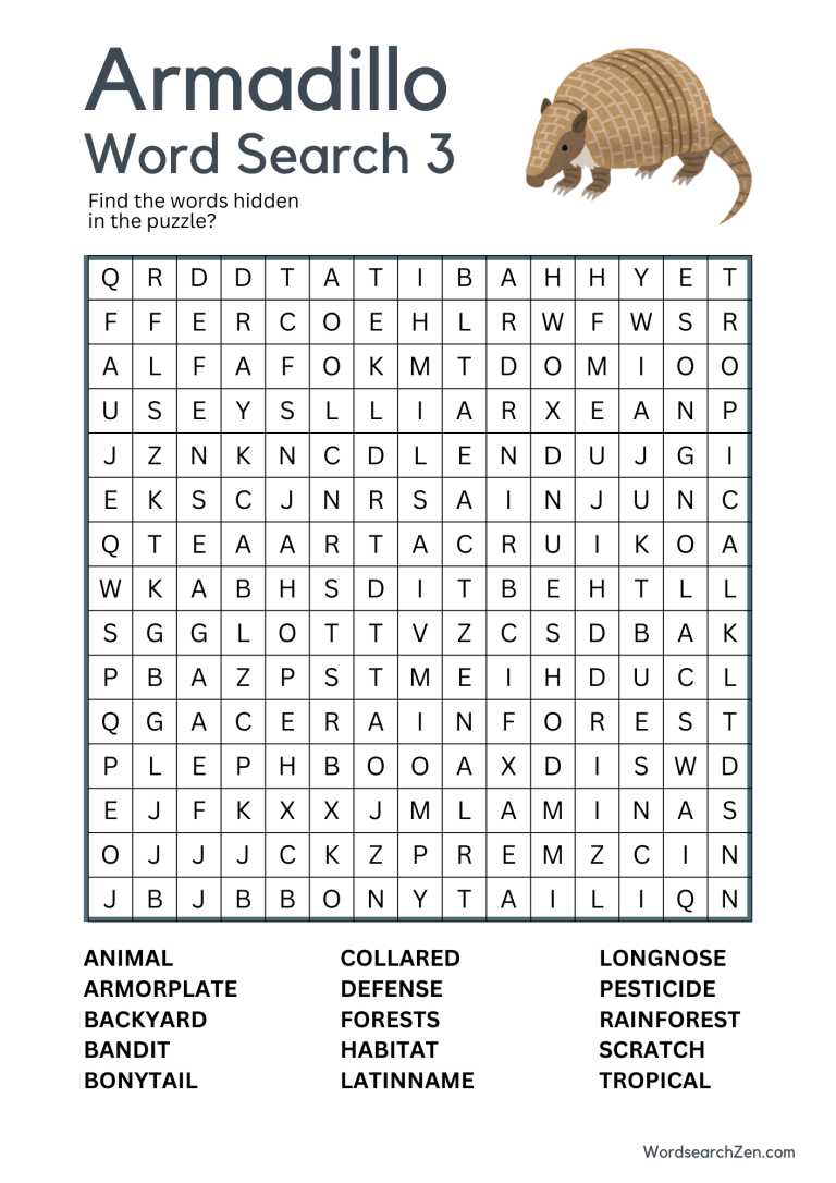 Armadillo Word Search Free Printable PDF File - WordsearchZen.com