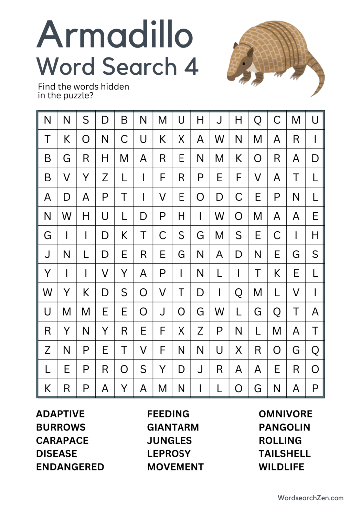 Armadillo Word Search Free Printable PDF File - WordsearchZen.com