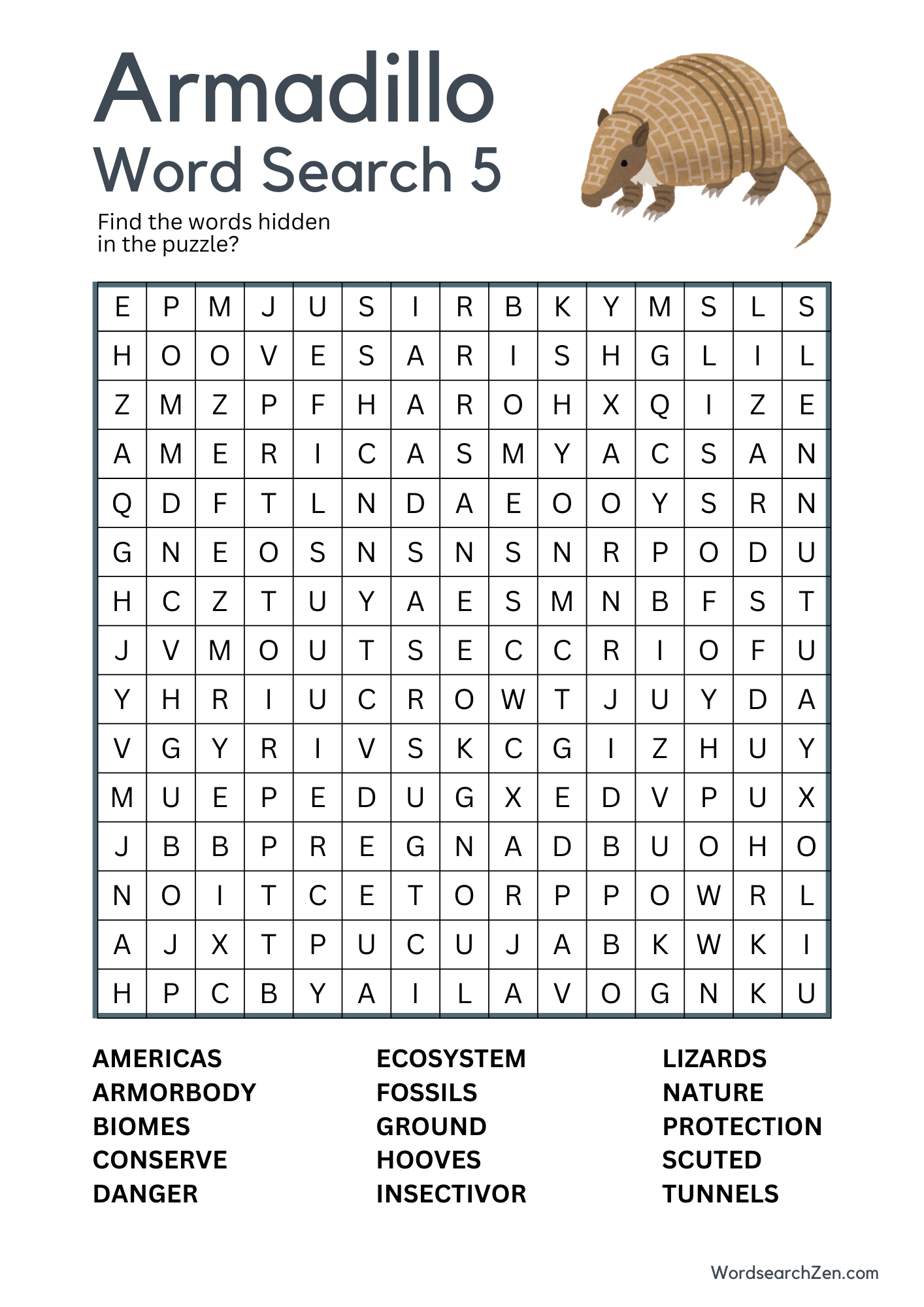 Armadillo Word Search Free Printable PDF File - WordsearchZen.com