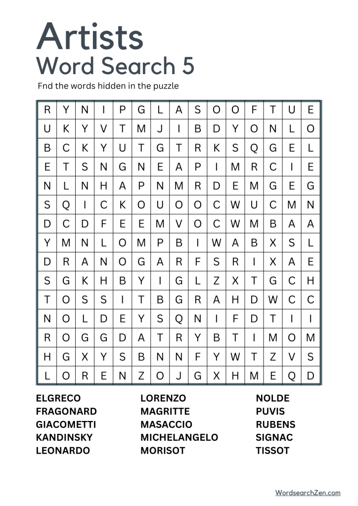Artists Word Search Free Printable PDF File - WordsearchZen.com