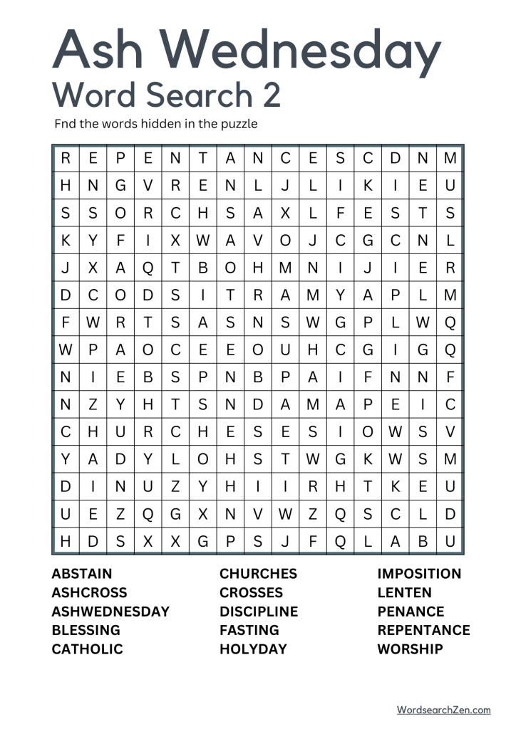Ash Wednesday Word Search Free Printable PDF File - WordsearchZen.com