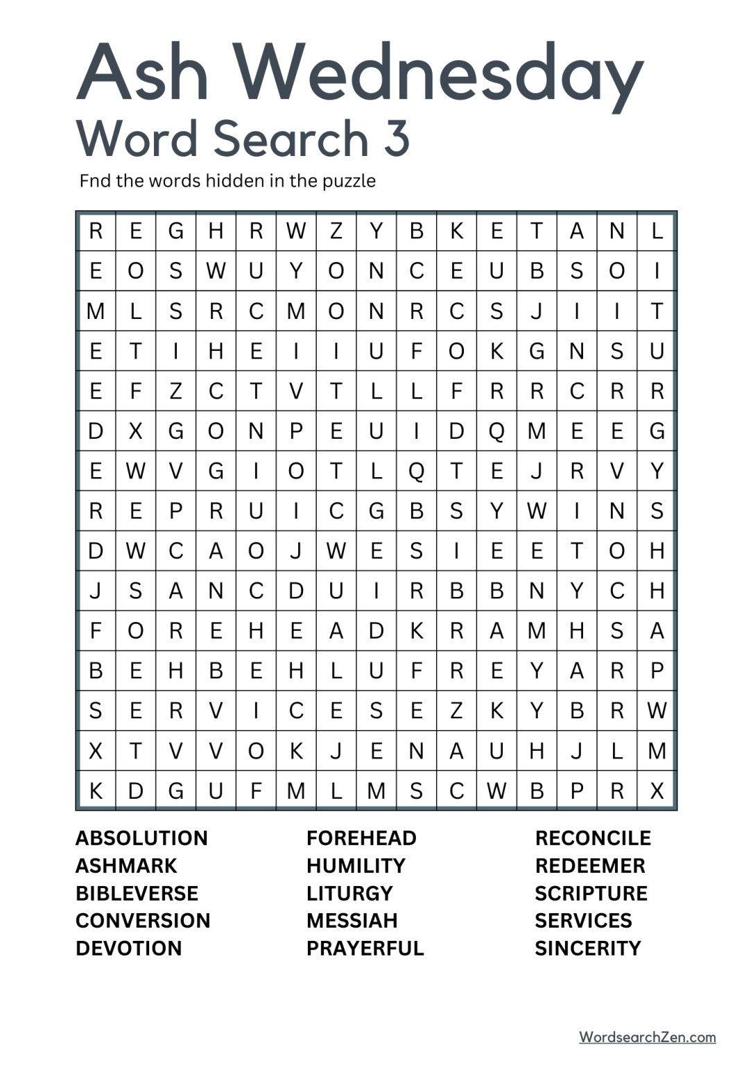 Ash Wednesday Word Search Free Printable PDF File - WordsearchZen.com