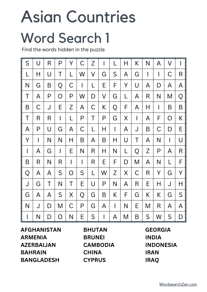 Asian Countries Word Search 4 Free Printable PDF File - WordsearchZen.com