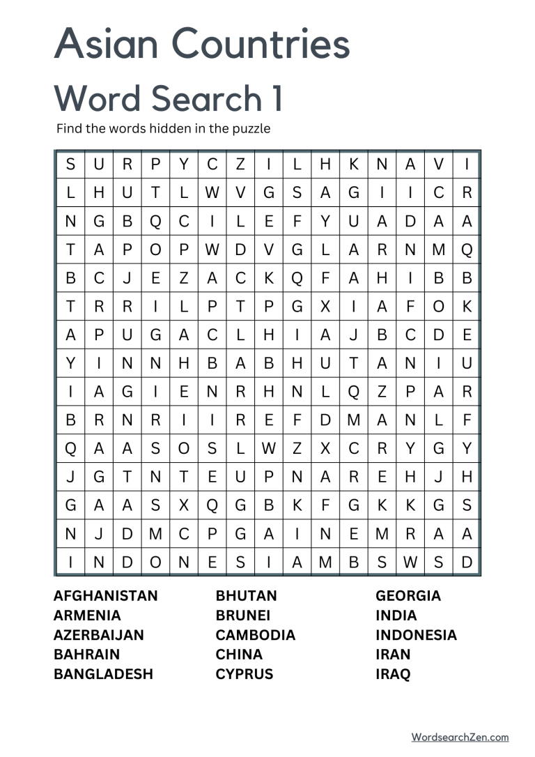 Asian Countries Word Search 4 Free Printable PDF File - WordsearchZen.com