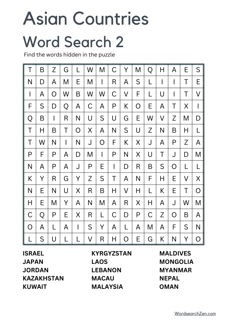 Asian Countries Word Search 4 Free Printable PDF File - WordsearchZen.com