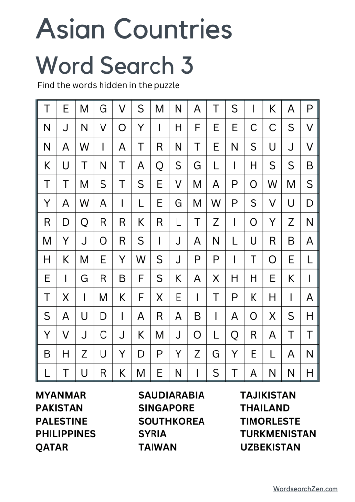 Asian Countries Word Search 4 Free Printable PDF File - WordsearchZen.com