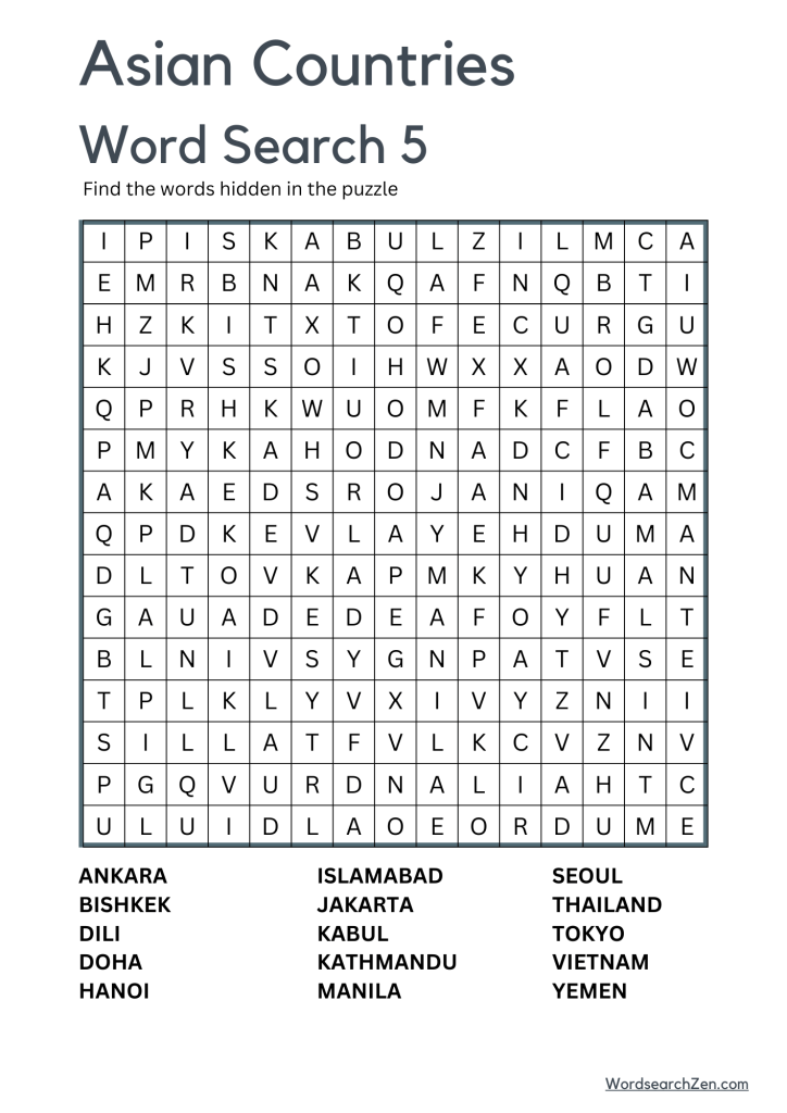 Asian Countries Word Search 4 Free Printable PDF File - WordsearchZen.com
