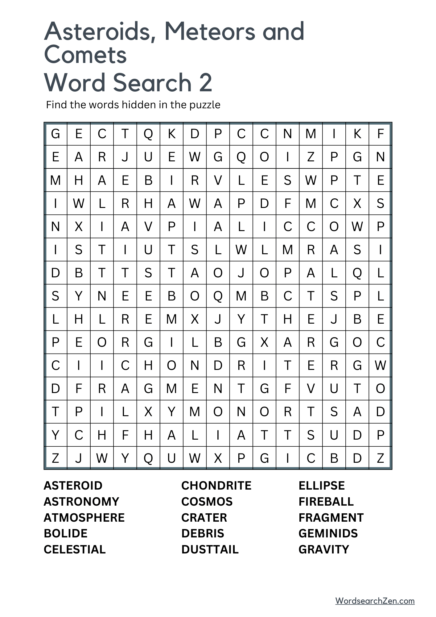Asteroids, Meteors and Comets Word Search Free Printable PDF File ...
