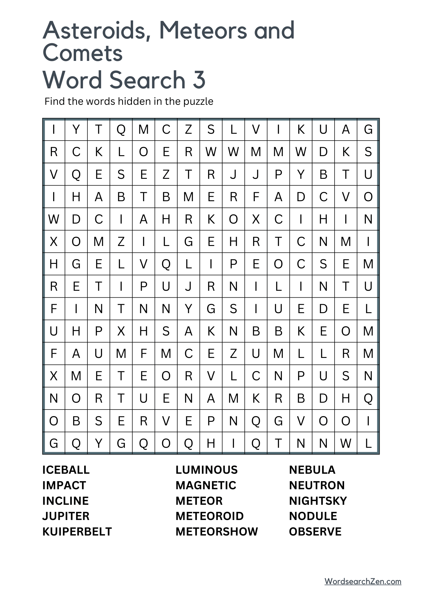 Asteroids, Meteors and Comets Word Search Free Printable PDF File ...