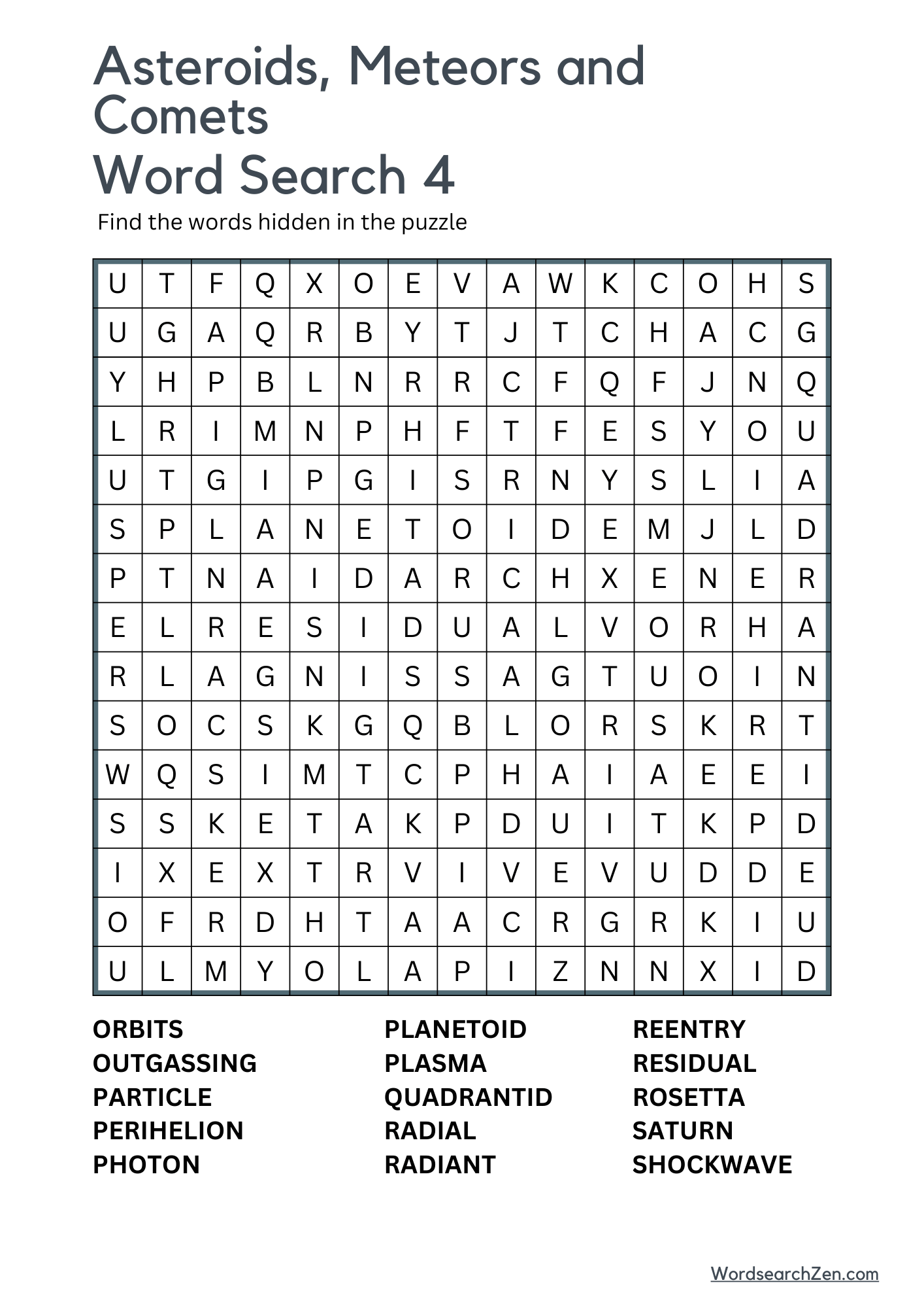 Asteroids, Meteors and Comets Word Search Free Printable PDF File ...