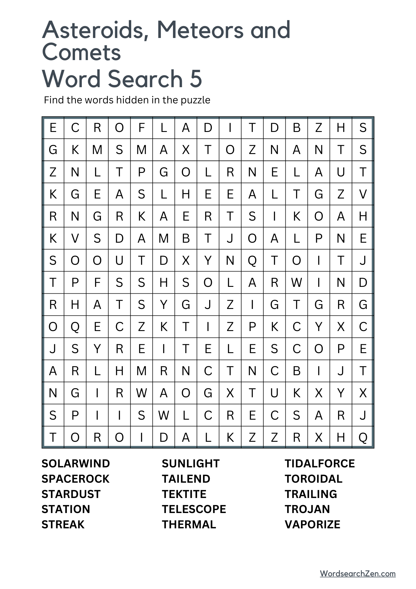Asteroids, Meteors and Comets Word Search Free Printable PDF File ...
